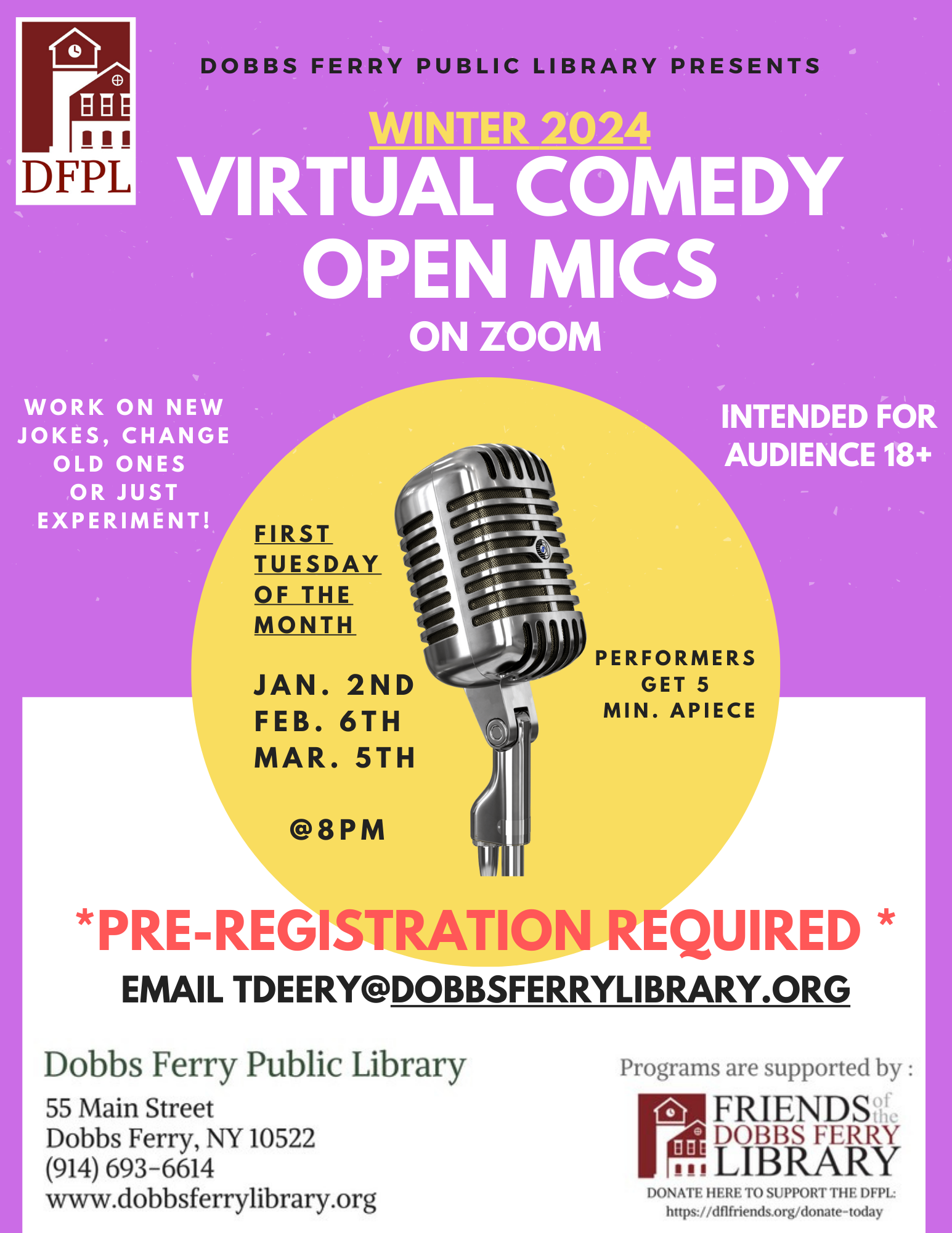 Comedy Open Mic ON ZOOM Dobbs Ferry Library